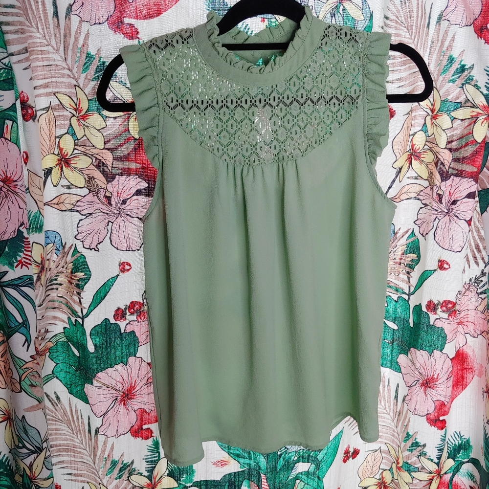 Lily White | Sage Green Flowy Ruffle Keyhole Lace Sle… - Gem